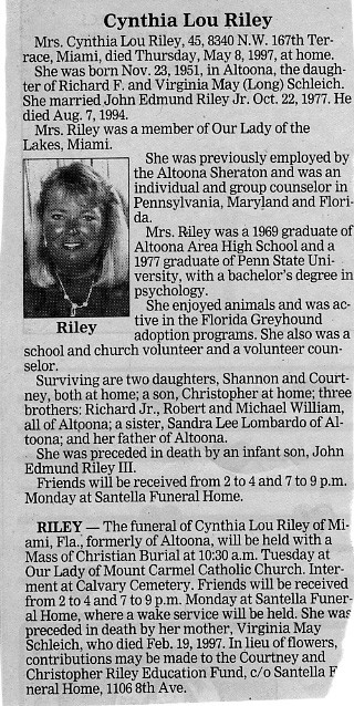 Cynthia L Schleich (Riley) (Deceased), Altoona, PA Pennsylvania