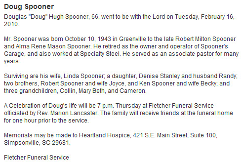 Doug Spooner (Deceased), Greenville, SC South Carolina