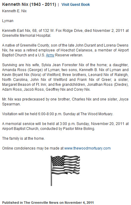 Ken Nix (Deceased), Greenville, SC South Carolina