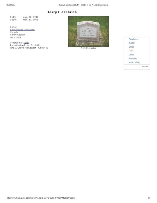 Terry Zachrich (Deceased), Defiance, OH Ohio