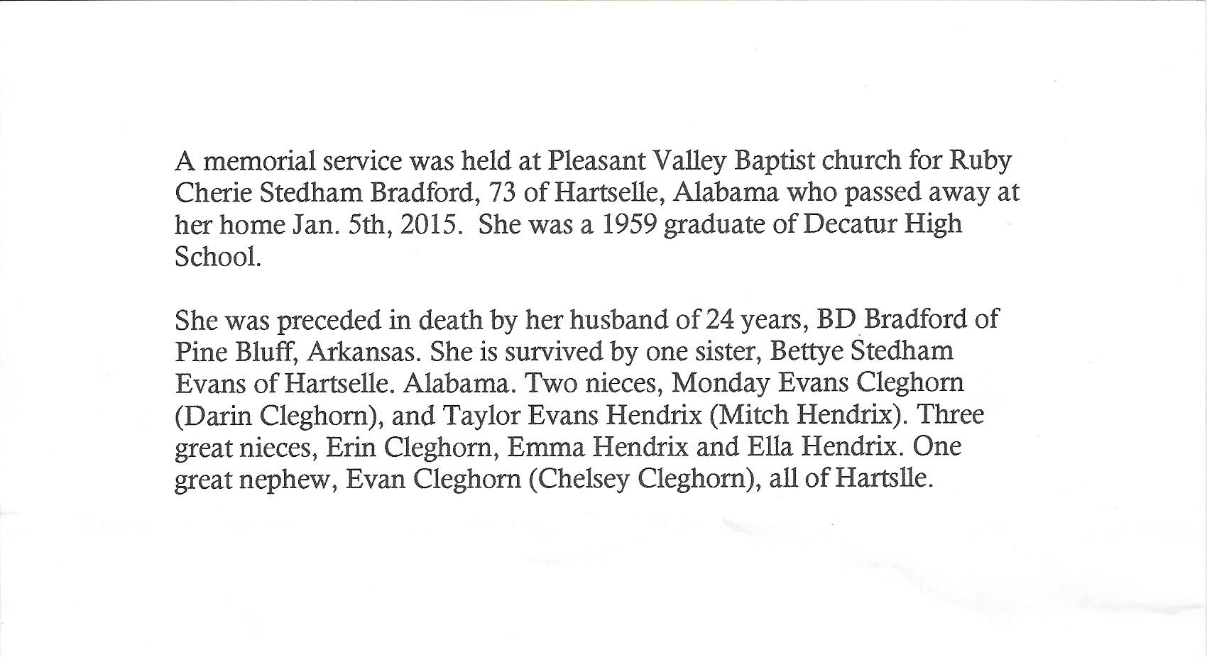 Cheri Stedham (Bradford) (Deceased), Decatur, AL Alabama last lived in ...
