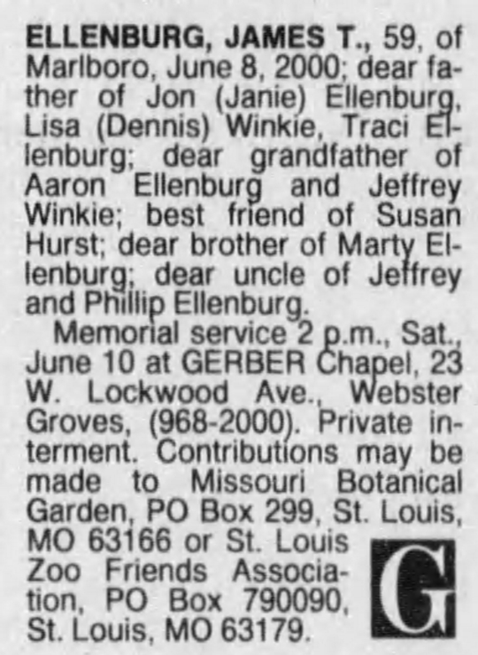 James Thomas Ellenburg (Deceased), Webster Groves, MO Missouri